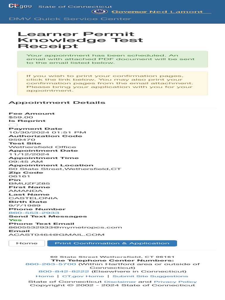 TestReceipt - CT DMV Learner Permit Scheduling Application | PDF