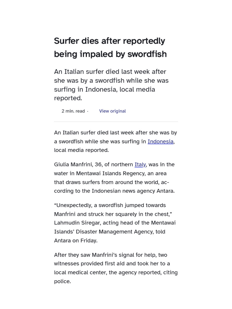 Surfer Dies After Reportedly Being Impaled by Swordfish | PDF