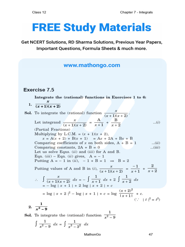 NCERT Solutions Class 12 Maths Chapter 7 Integrals Removed | PDF | Division (Mathematics ...