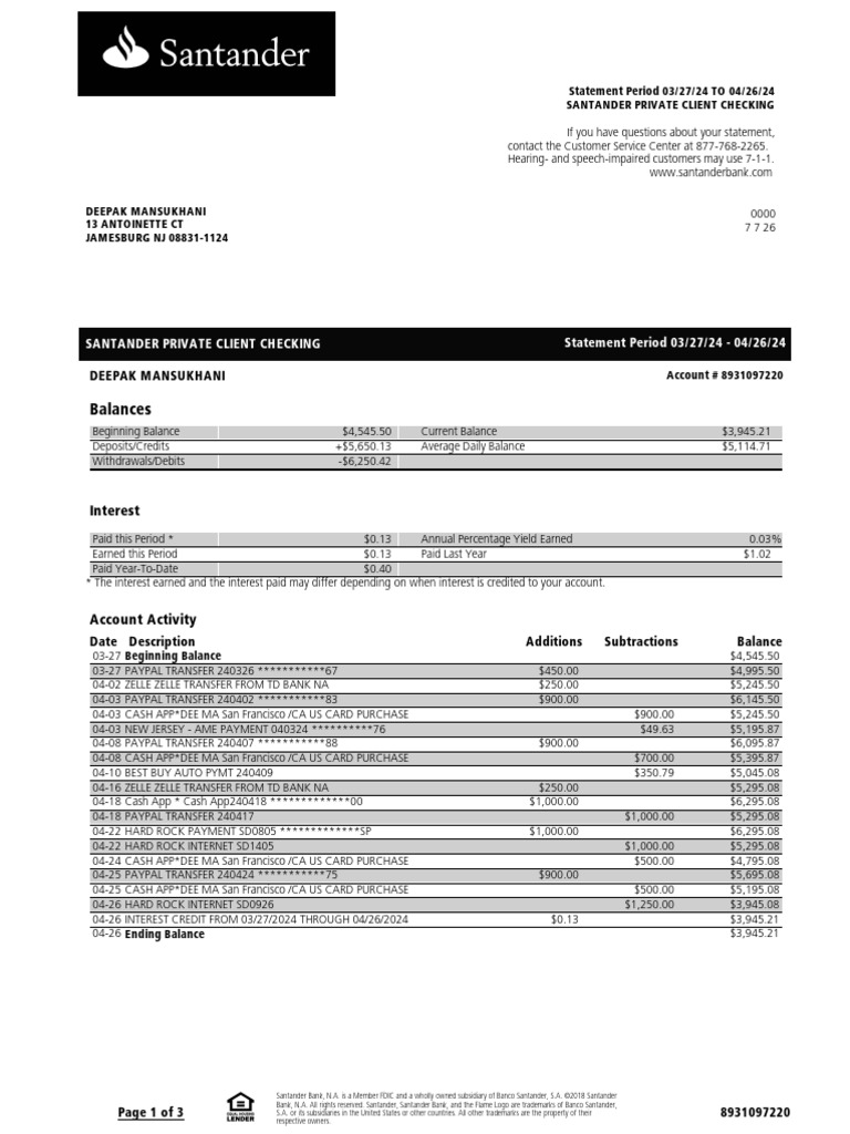 Balances: Santander Private Client Checking Statement Period 03/27/24 - 04/26/24 | PDF ...