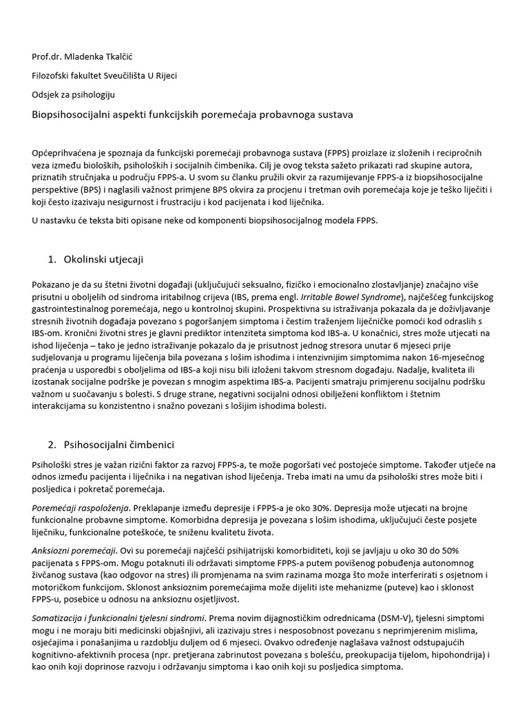Biopsihosocijalni Funkcijski Poremećaji Varenja | PDF