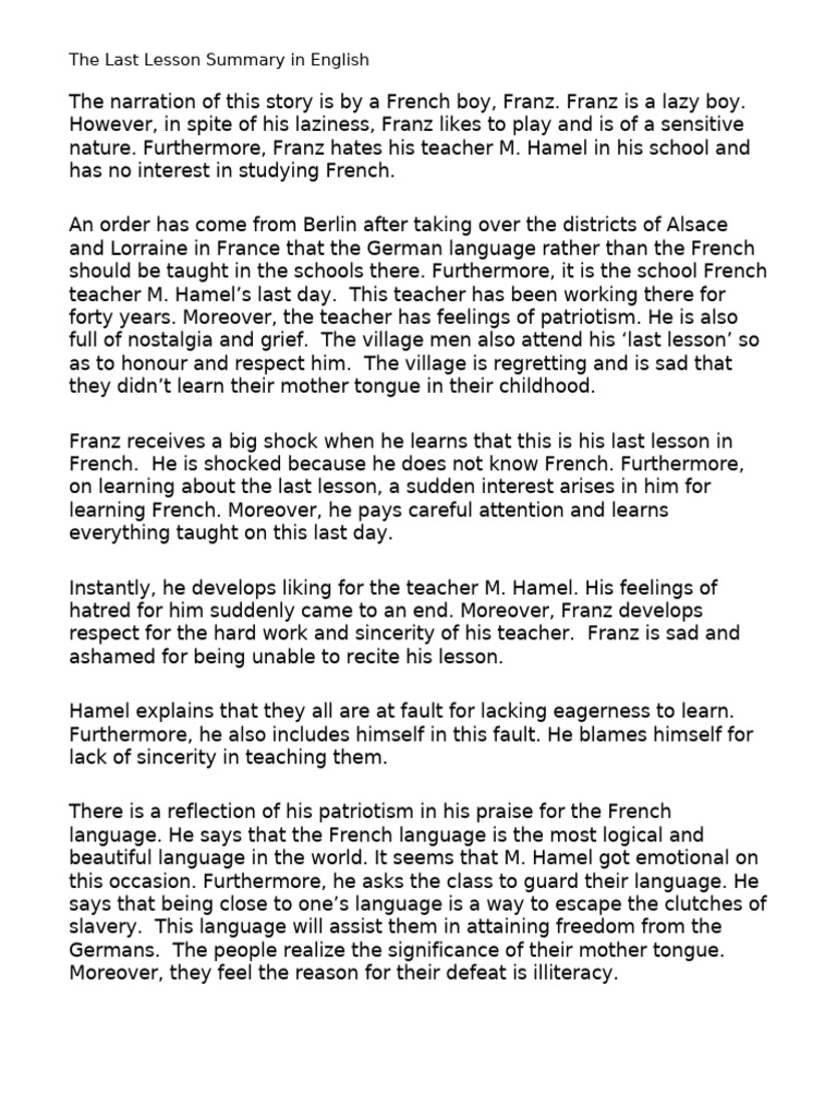 The Last Lesson Summary in English | PDF | General Fiction