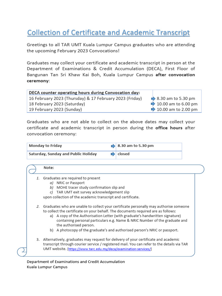 Collection of Certificate and Academic Transcript: After Convocation ...
