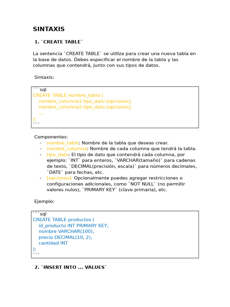 Sintaxis SQL: Crear, Insertar y Consultar | PDF | Informática