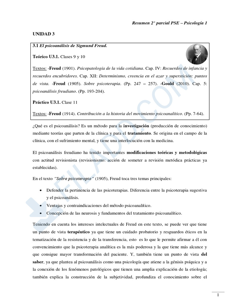U3 Resumen - Psico 1 | PDF | Psicoanálisis | Sigmund Freud