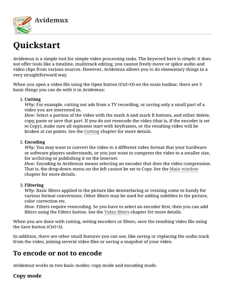 using quickstart [Avidemux] | PDF | Codec | Data Compression