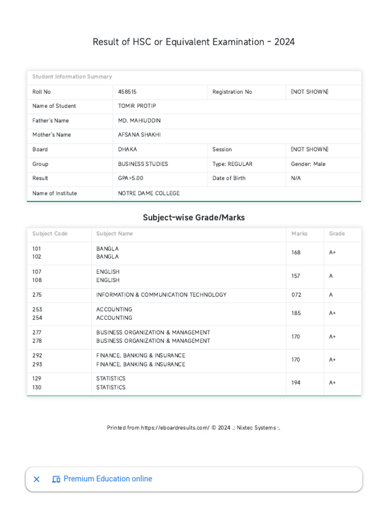 Tomir Protip View Result - Education Board Results of Bangladesh | PDF