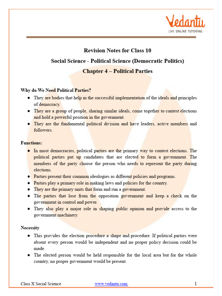 Political Parties Class 10 Notes CBSE Civics Chapter 4 FREE PDF | PDF ...