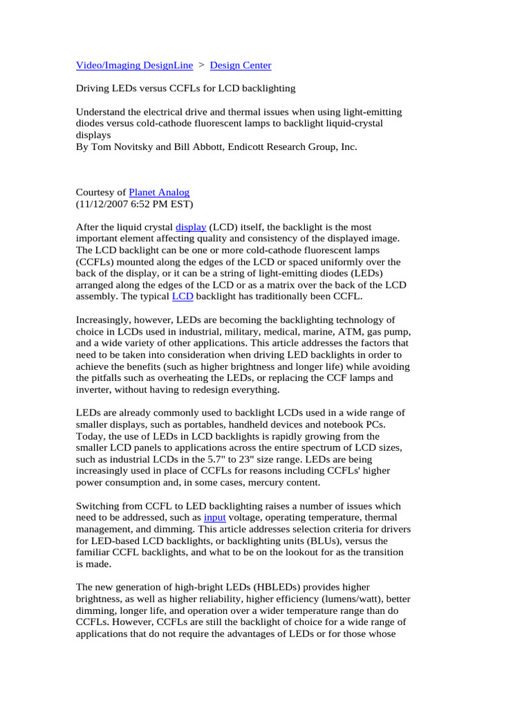Driving LEDs Versus CCFLs For LCD | PDF | Light Emitting Diode | Backlight