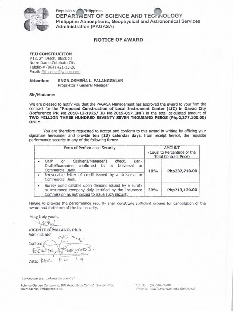 Noa, BR, NTP& Contract - FFJJ Construction - Lic Davao | PDF