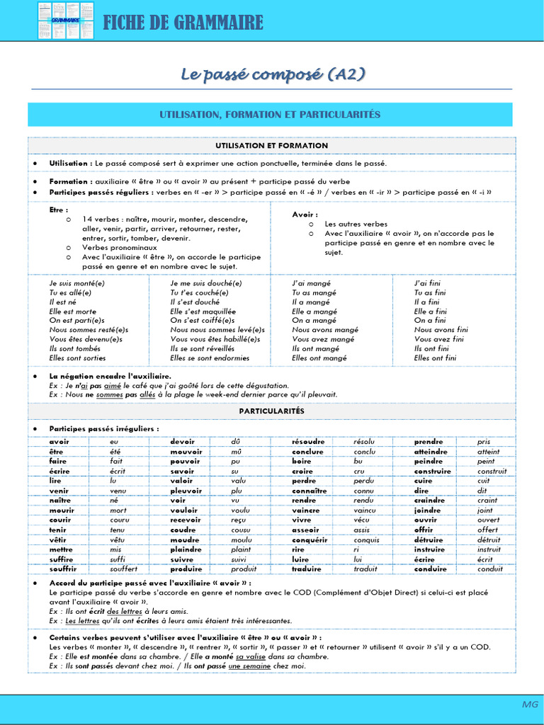 Passé Composé - Participes Exercices | PDF | Verbe | Linguistique