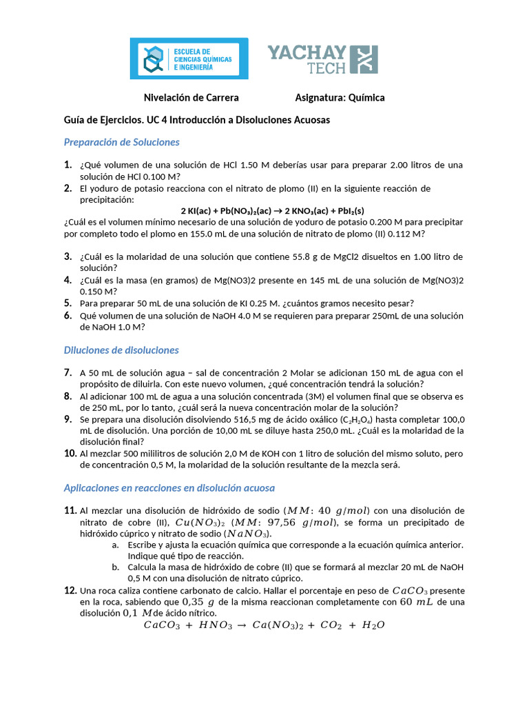Guía de Ejercicios UC4 PDF | PDF | Concentración | Ácido clorhídrico