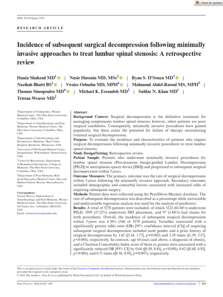 Pain Practice - 2023 - Shahzad - Incidence of Subsequent Surgical Decompression Following ...