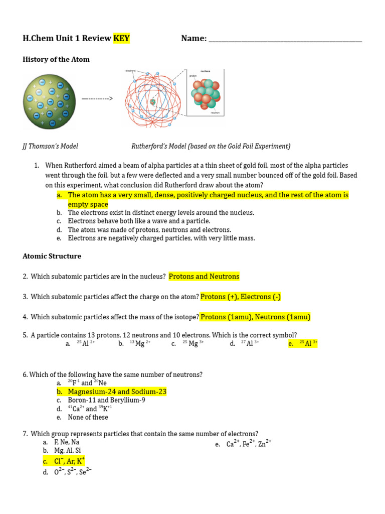 H.Chem Unit 1 Review - KEY - 24-25 | PDF | Atoms | Atomic Nucleus