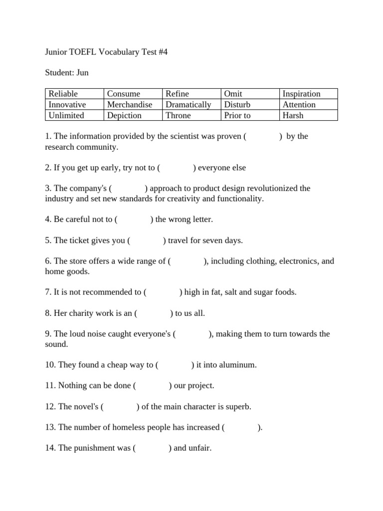 Junior TOEFL Vocabulary Test #4 | PDF