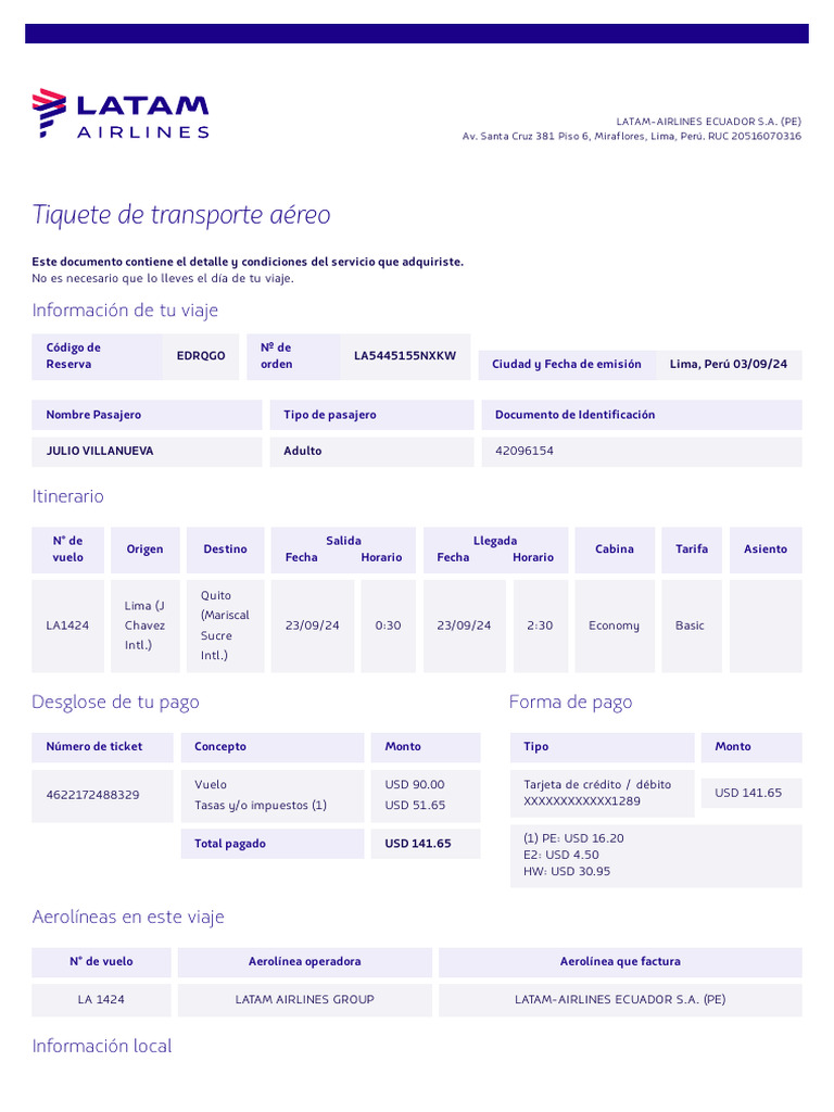 Detalles de tu vuelo LATAM Perú-Ecuador | PDF | aerolíneas | Aviación