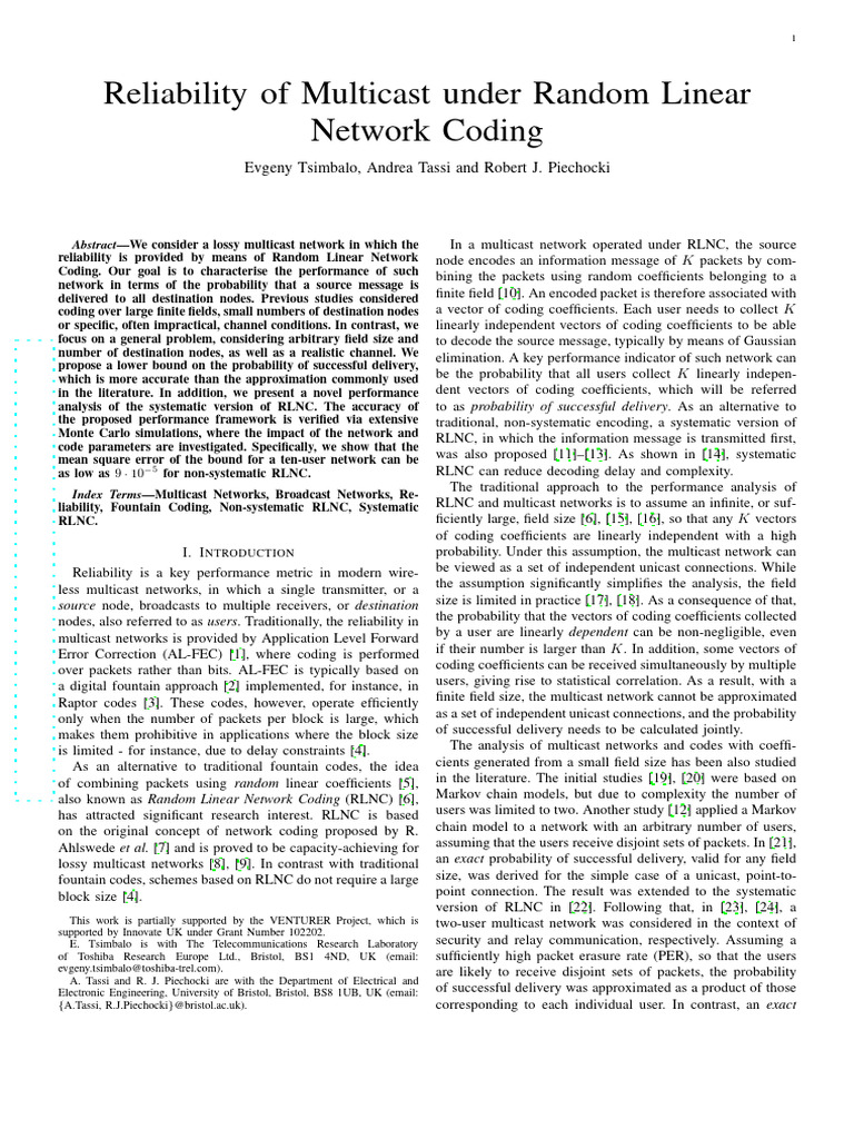 Reliability of Multicast Under Random Linear Network Coding: Evgeny Tsimbalo, Andrea Tassi and ...
