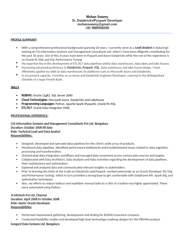 MohanSwamy Resume 093301 | PDF | Sql | Apache Spark
