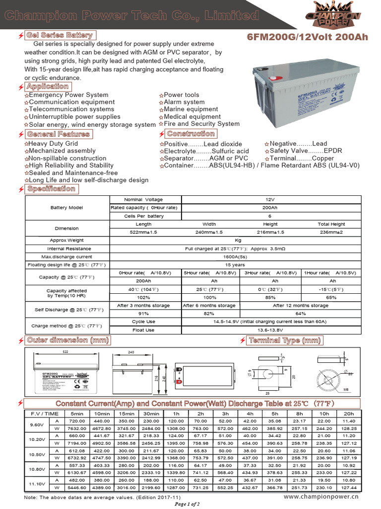 Fich BATTERIE 200 AH CHAMPION | PDF | Physical Quantities | Electricity