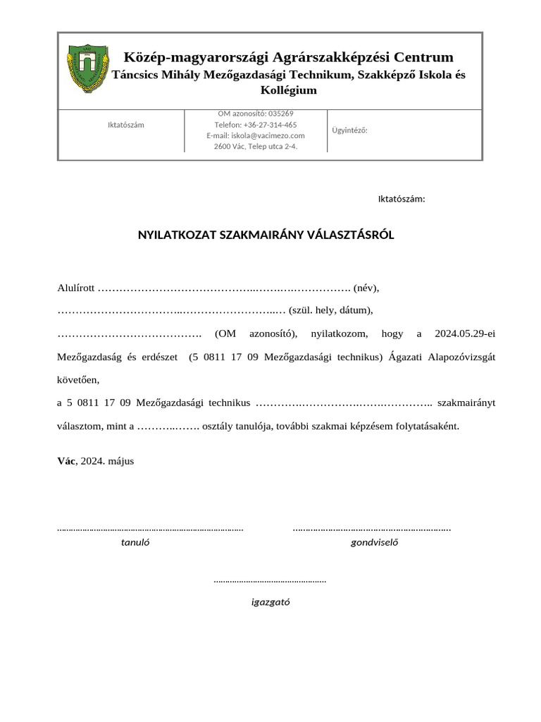 Ágazati Alapvizsga Utáni Nyilatkozat Szakmairányról - 10.A - Jav1 | PDF