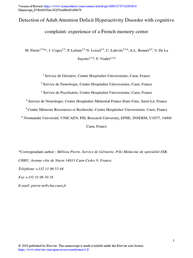 Adult ADHD Detection in French Memory Center | PDF | Attention Deficit ...