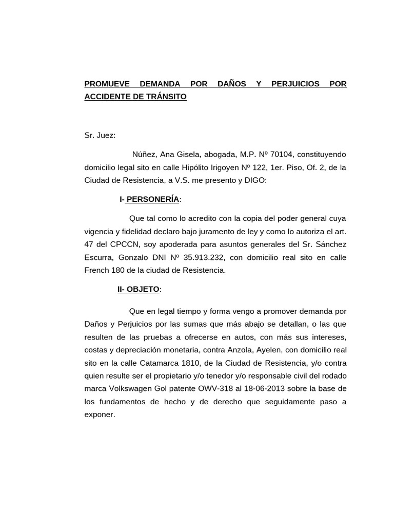 demanda- daños y perjuicios | PDF | Daños y perjuicios | Velocidad