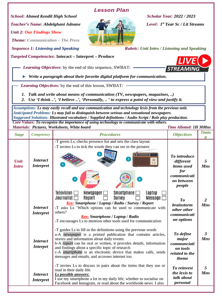 1 Unit Intro Listening And Speaking Lesson Plan Pdf Communication