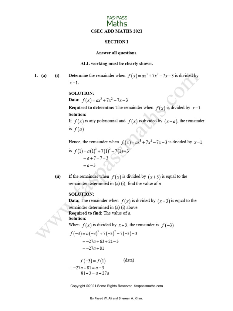 CSEC Add Maths 2021 May Past Paper Solutions | PDF | Mathematics ...