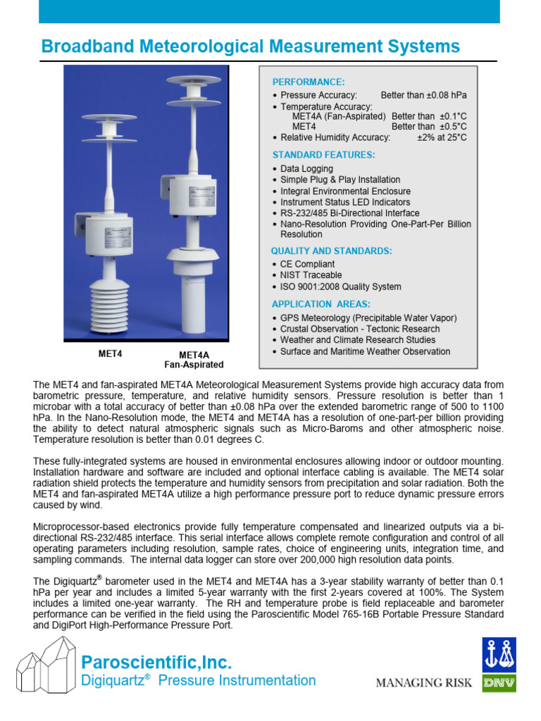 Paroscientific, Inc. MET4, MET4A Datasheet | PDF | Humidity | Meteorology