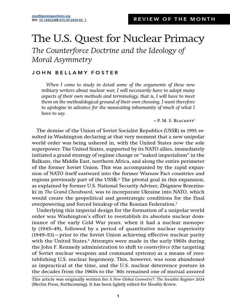 The US Quest For Nuclear Primacy The Counterforce Doctrine and The Ideology of Moral Asymmetry ...