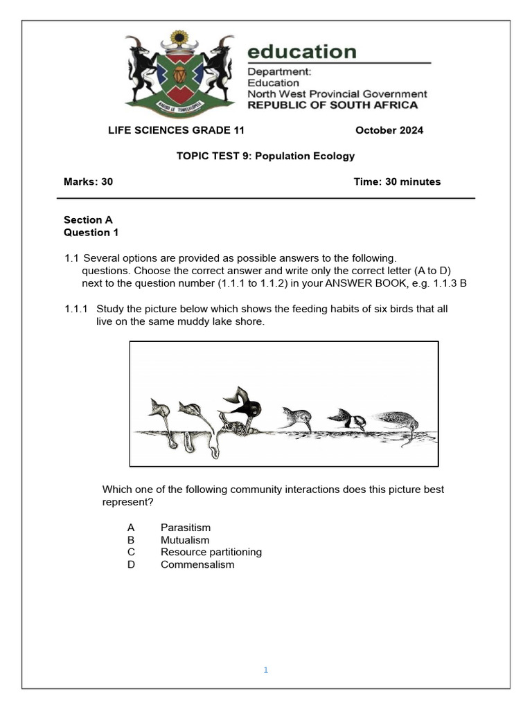NW Grade 11 Topic Test 9 Eng 2024 (Population Ecology) | PDF | Birds