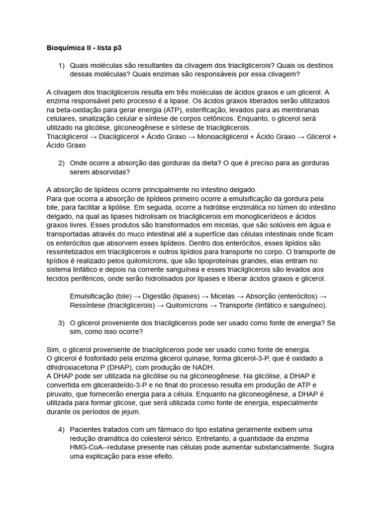 Clivagem de Triacilgliceróis e Metabolismo de Lipídios | PDF ...
