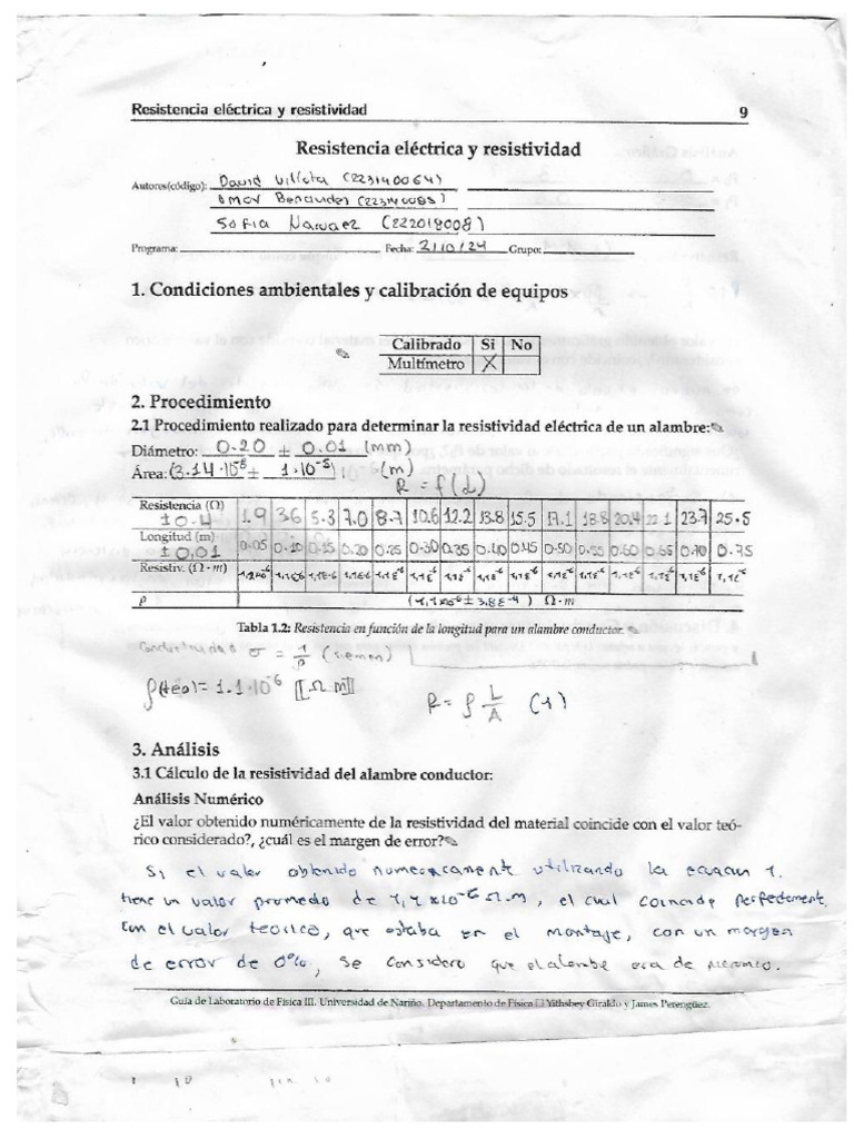 Informe Prac.5. Fis3. Resistencia Electrica y Resistividad. | PDF | Resistencia Eléctrica y ...