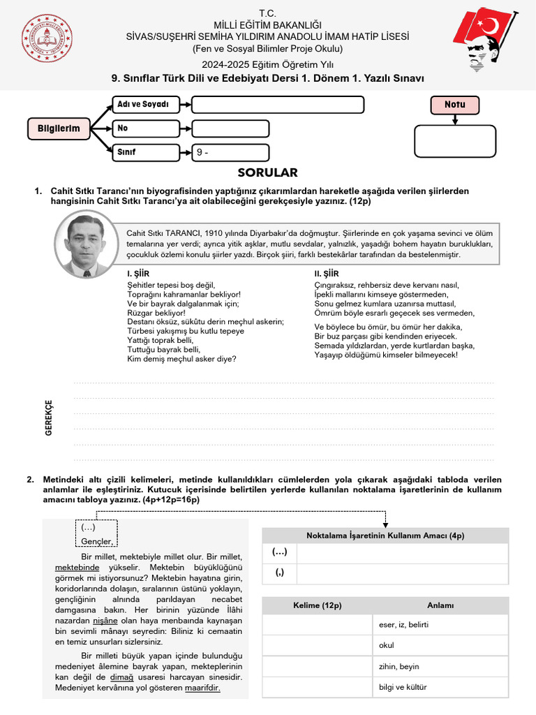 2024 - 2025 - 9. Sınıf 1D 1Y - YAZILI SINAVI | PDF