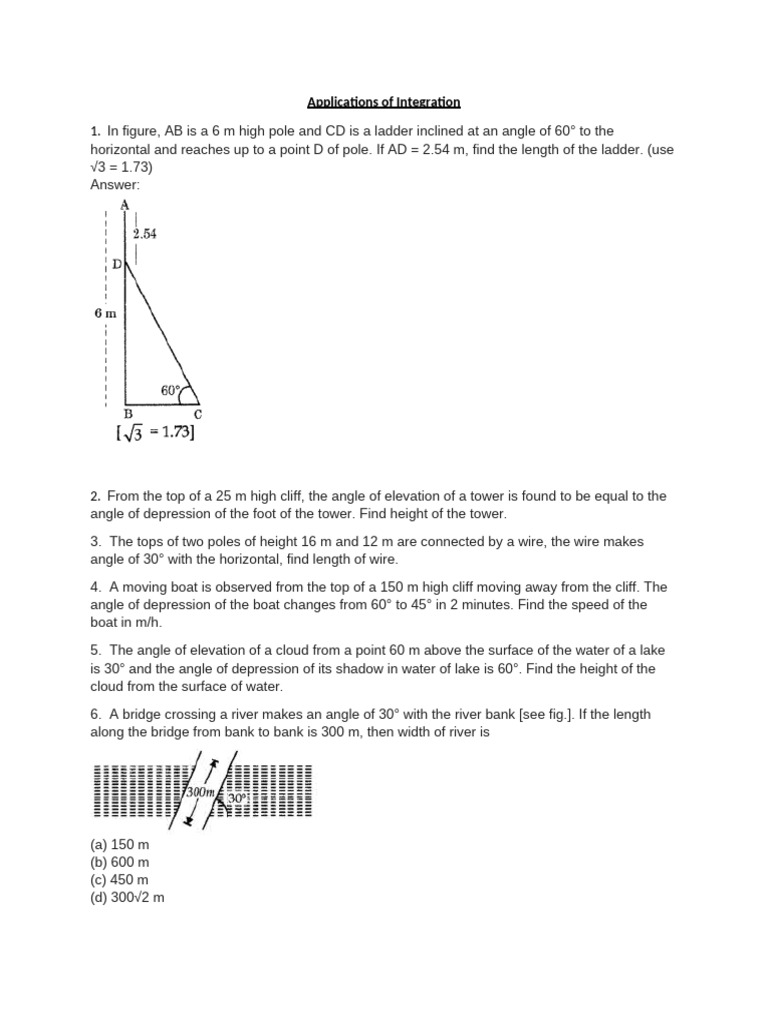 Worksheet Applications of Trigonometry cl 10 | PDF
