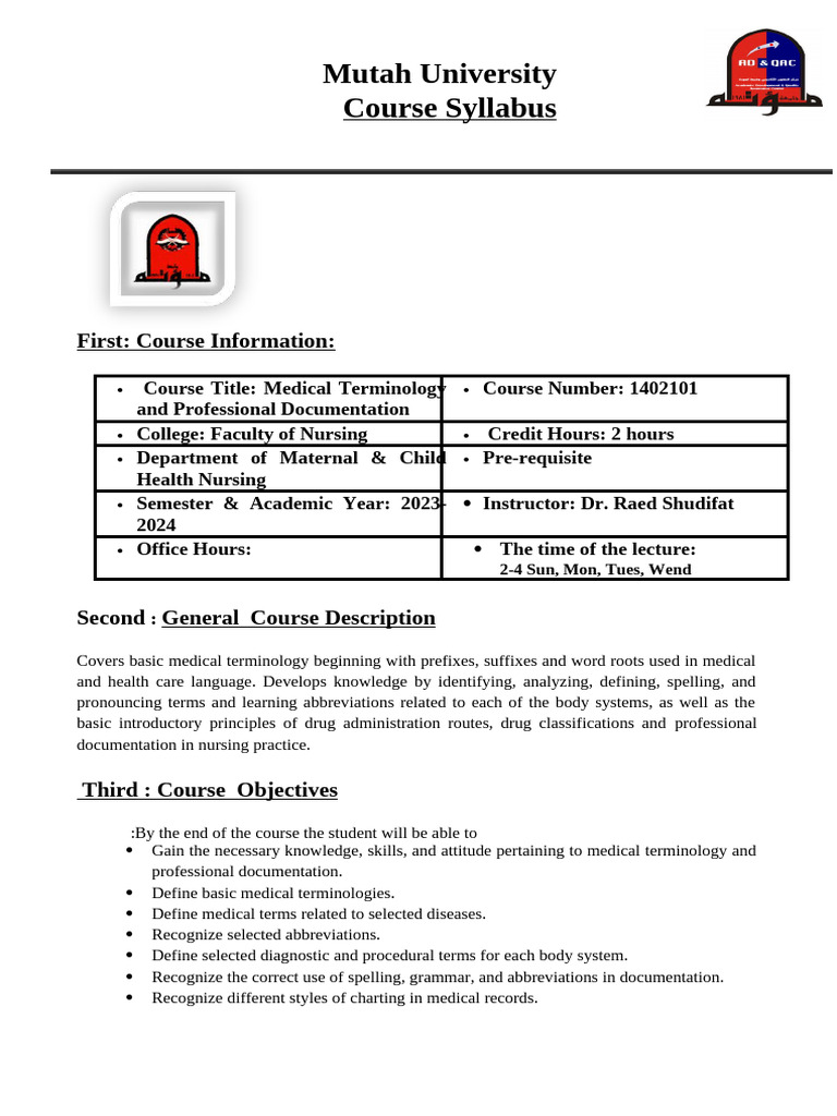 Medical Terminology Course Outline 2023-2024 | PDF | Nursing