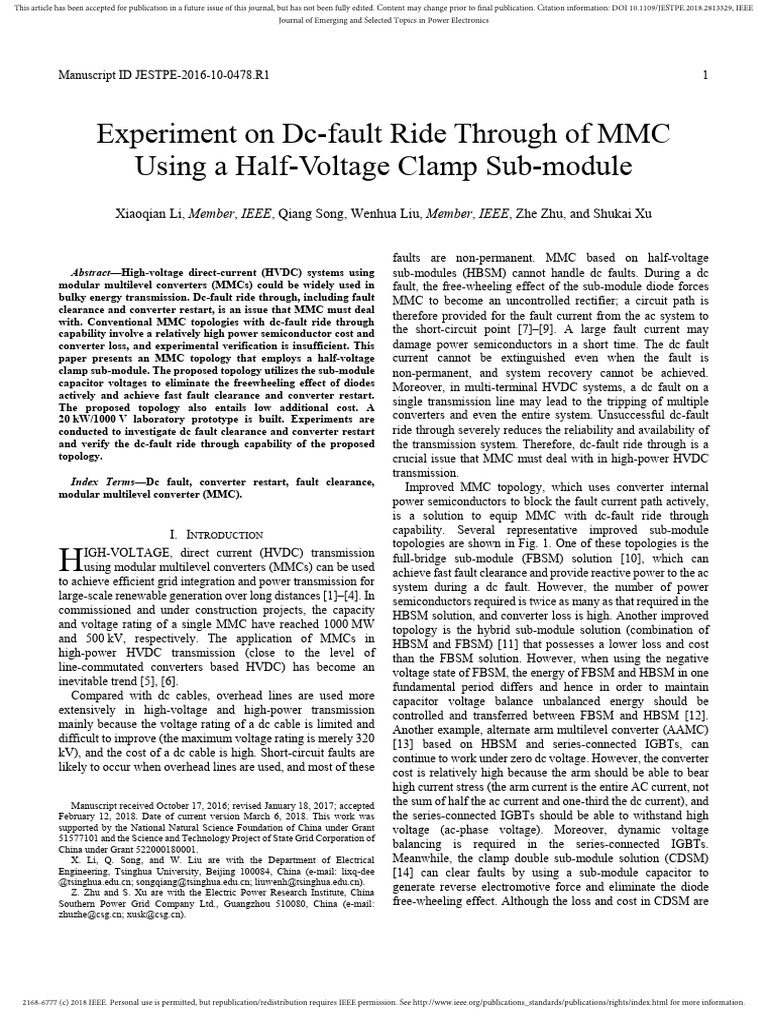 Experiment On Dc-Fault Ride Through of MMC Using A Half-Voltage Clamp ...