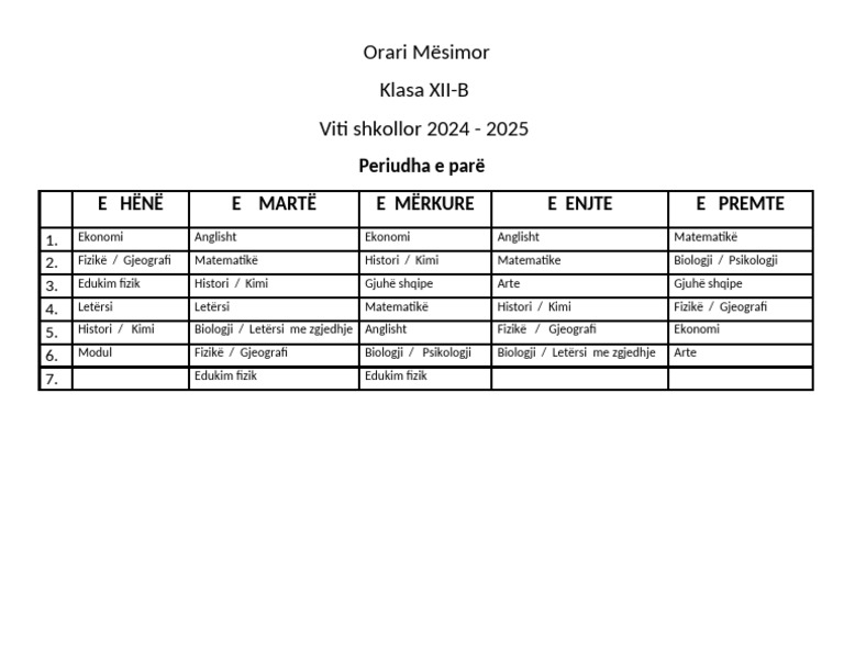 Orari Mesimor 2024-2025 12 | PDF