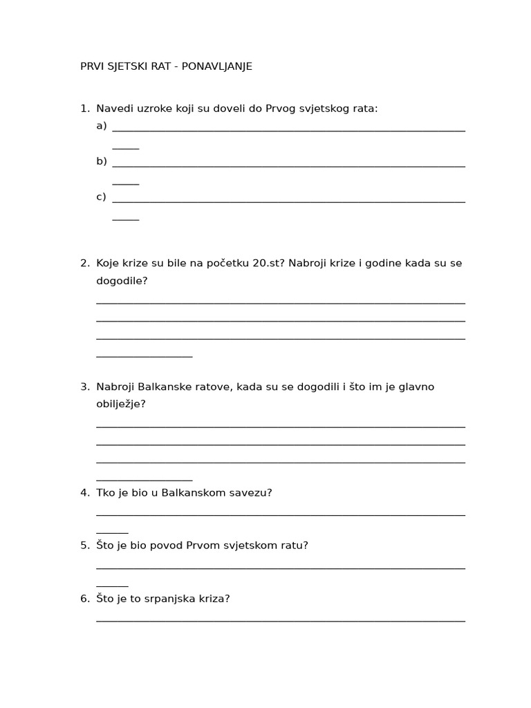 Prvi Svjetski Rat Ponavljanje | PDF