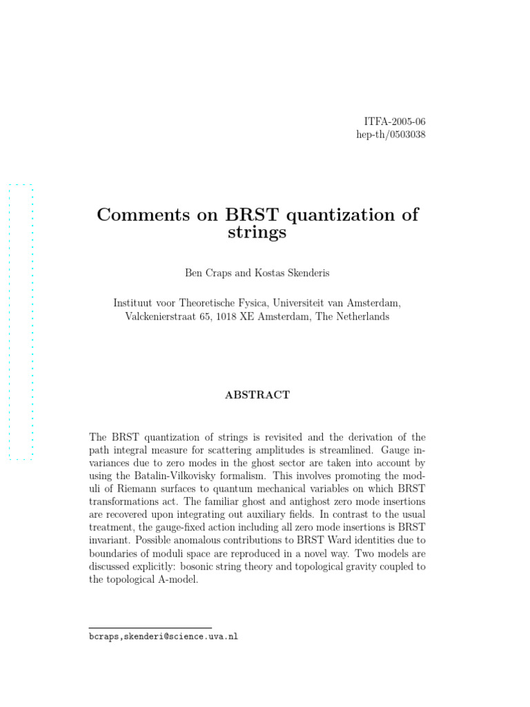 Comments On BRST Quantization of Strings: Bcraps, Skenderi@science - Uva.nl | PDF | Gauge Theory ...