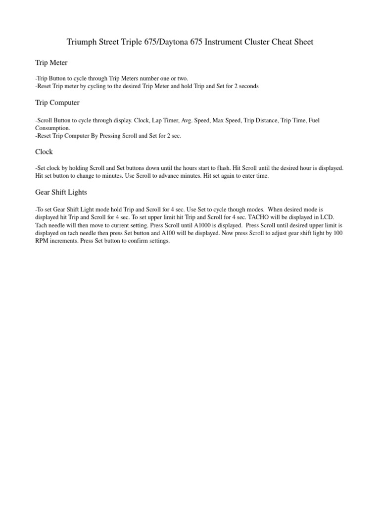 Street Triple Daytona Insturment Cluster Cheat Sheet | PDF