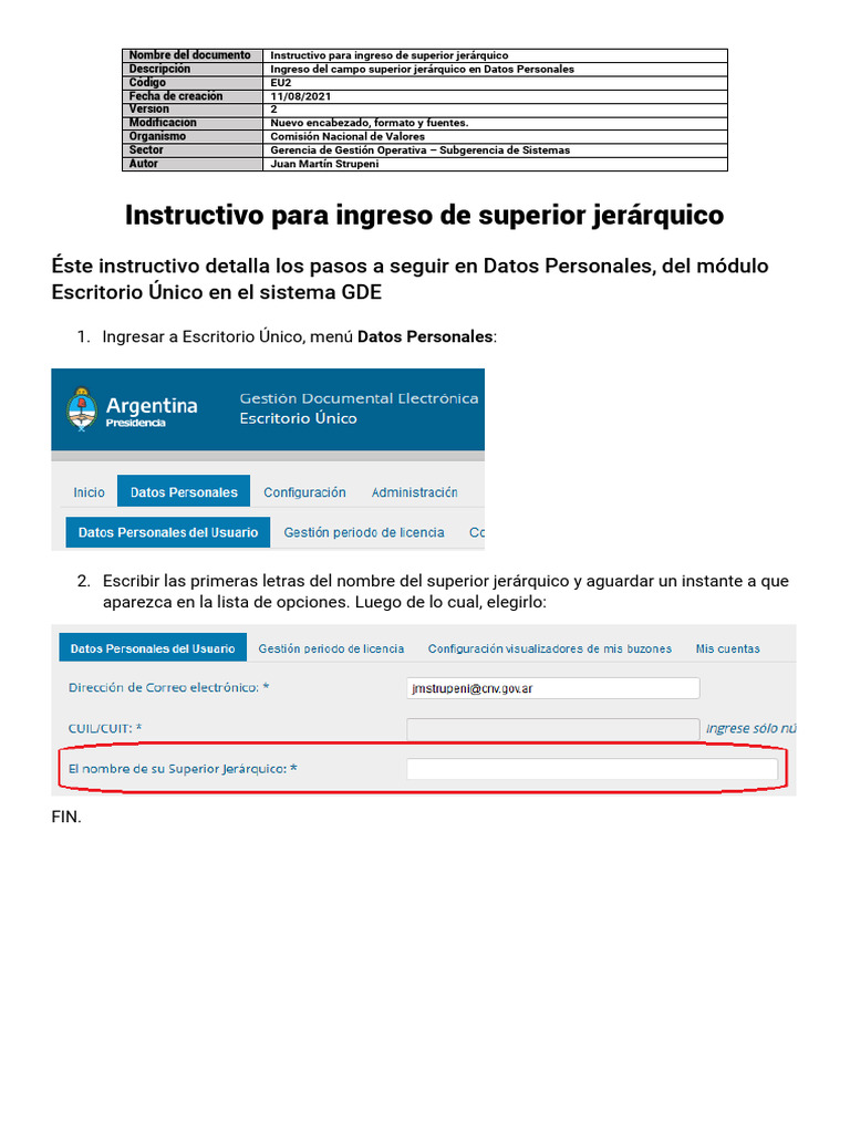 EU2-Instructivo para Ingreso de Superior Jerárquico | PDF