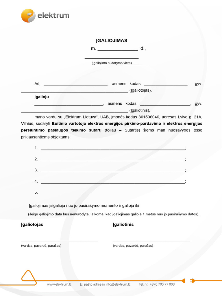 Supaprastinta Igaliojimo Forma Elektros Sutarties Pasirasymui | PDF
