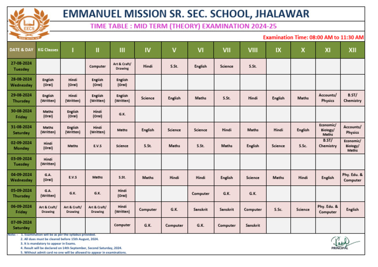 Theory Half Yearly Time Table 2024 25 PDF