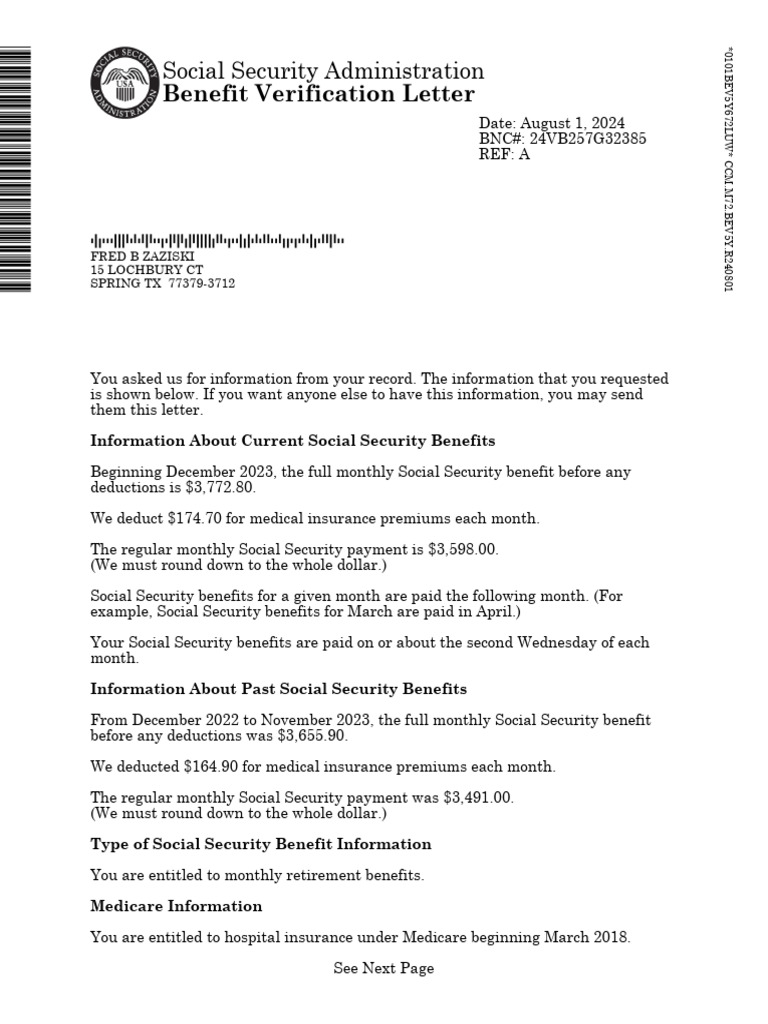 Social Security Benefit Verification Letter | PDF | Medicare (United ...