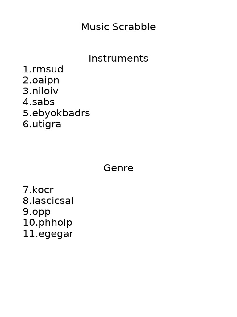 Music Scrabble: Instruments & Genres | PDF | Art