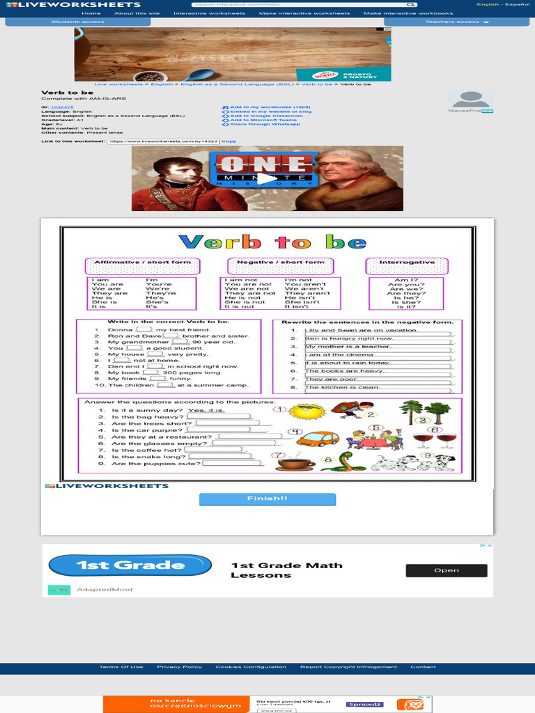 Verb To Be Online Exercise For A1 | PDF