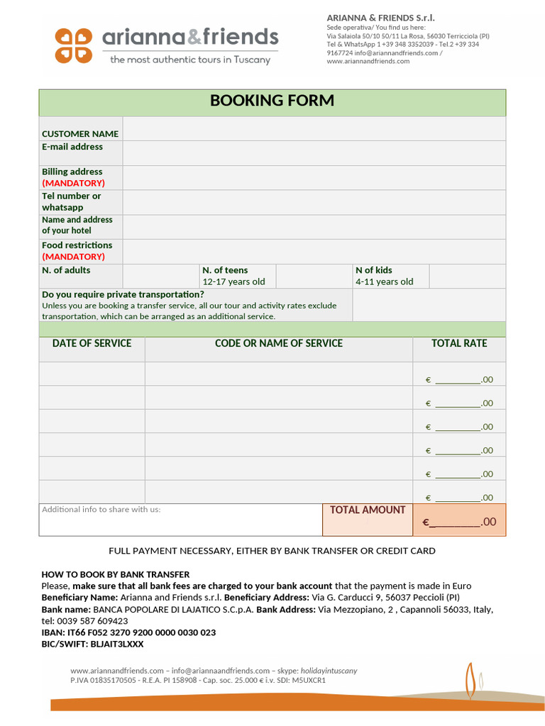 Booking Form for Arianna & Friends | PDF | Credit Card | Business
