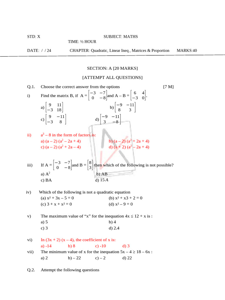 10th Mat_Quad_Lin_Ratio QP | PDF | Matrix (Mathematics) | Quadratic ...