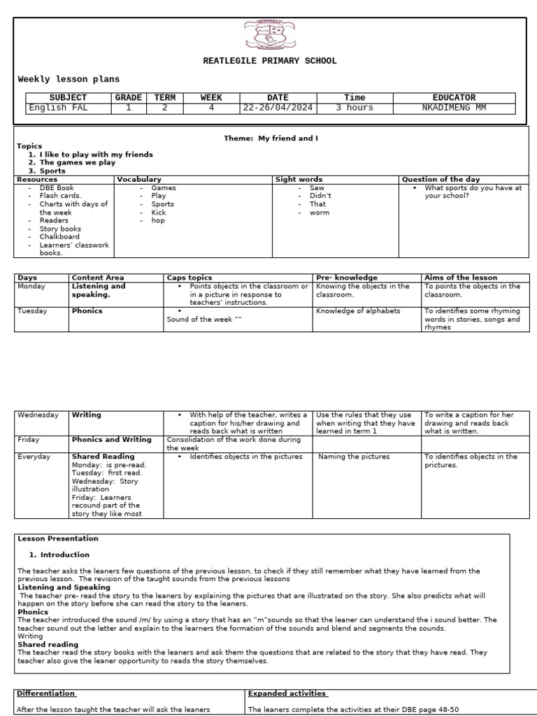 Grade 1 Week 4 Term 2 (English) | PDF | Phonics | Behavior Modification